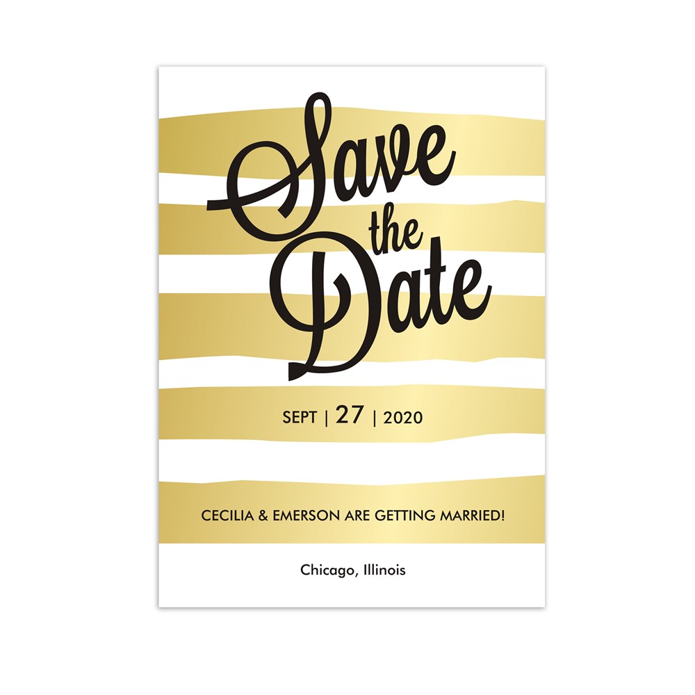 Personalized Gold Stripes Save the Date Cards | GiftsForYouNow