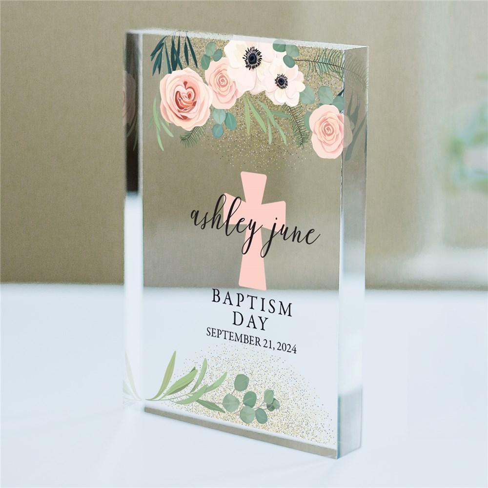 Personalized Floral Glitter Cross Acrylic Keepsake