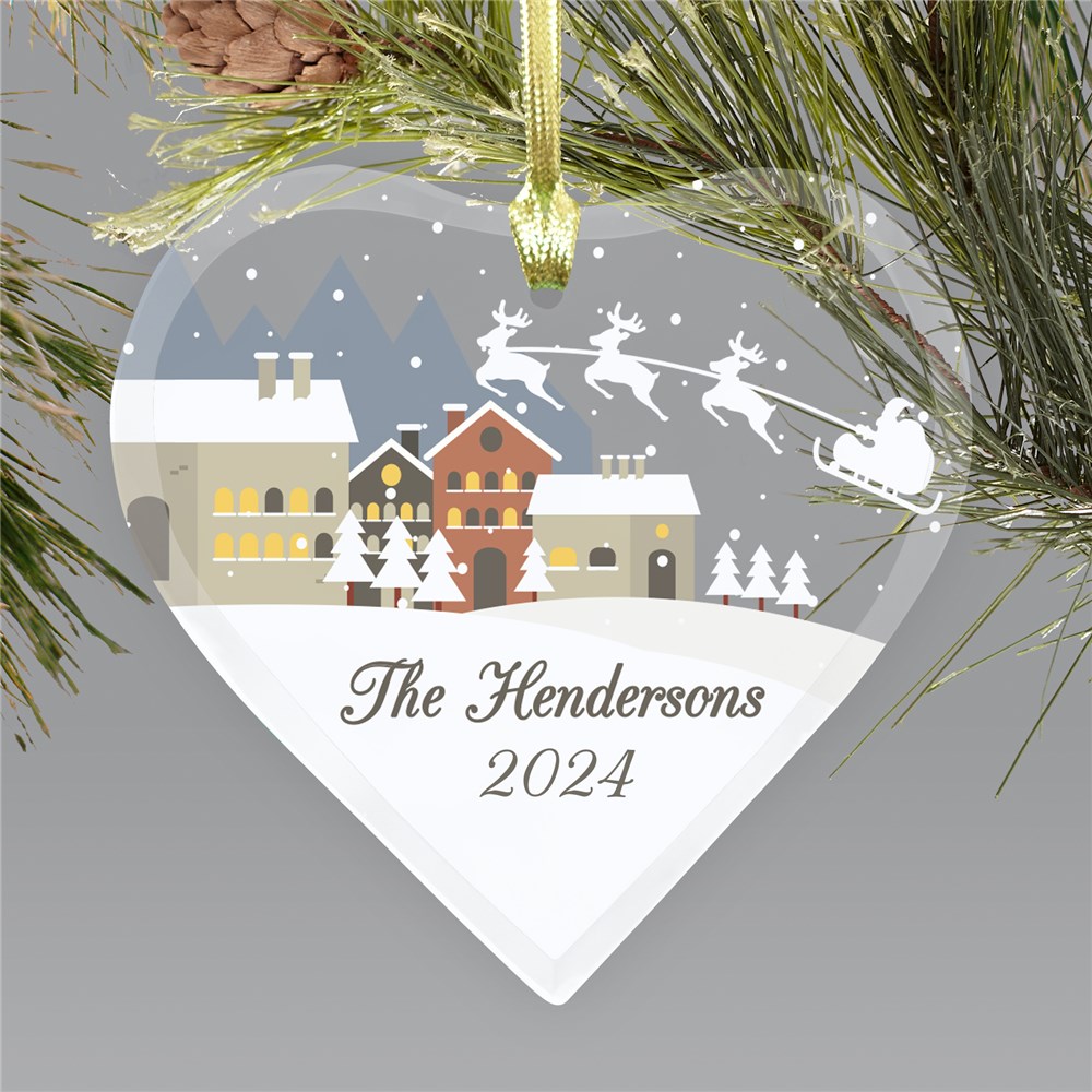 Personalized Christmas Scene Heart Glass Holiday Ornament | GiftsForYouNow