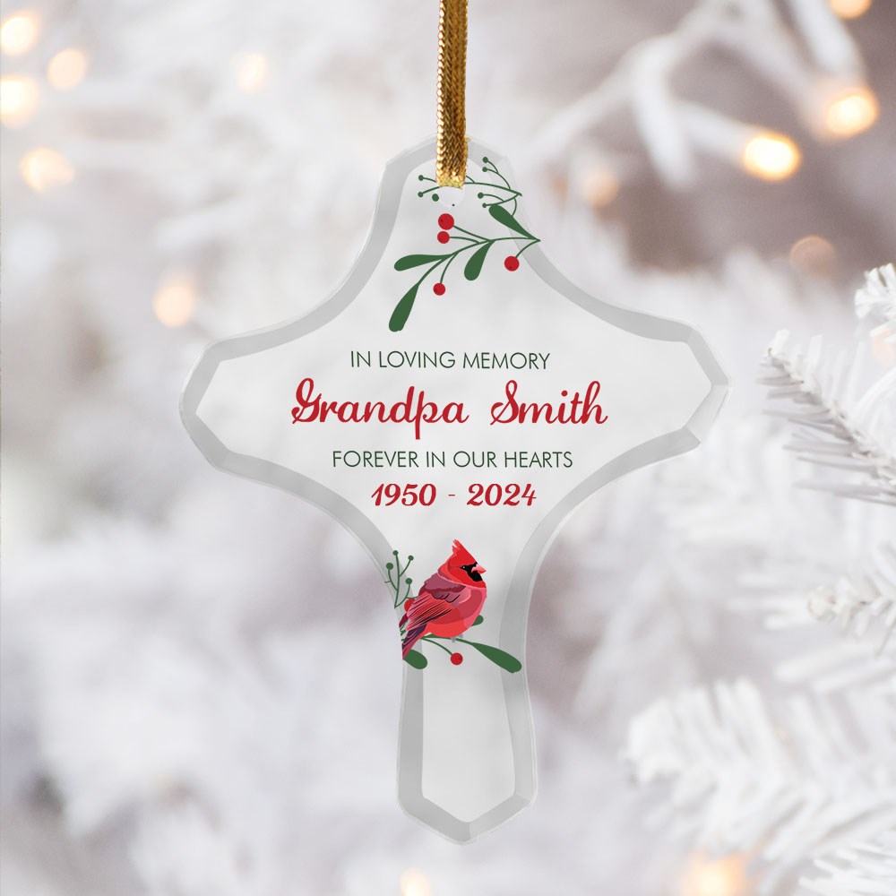Personalized In Loving Memory Cross Ornament With Cardinal Design