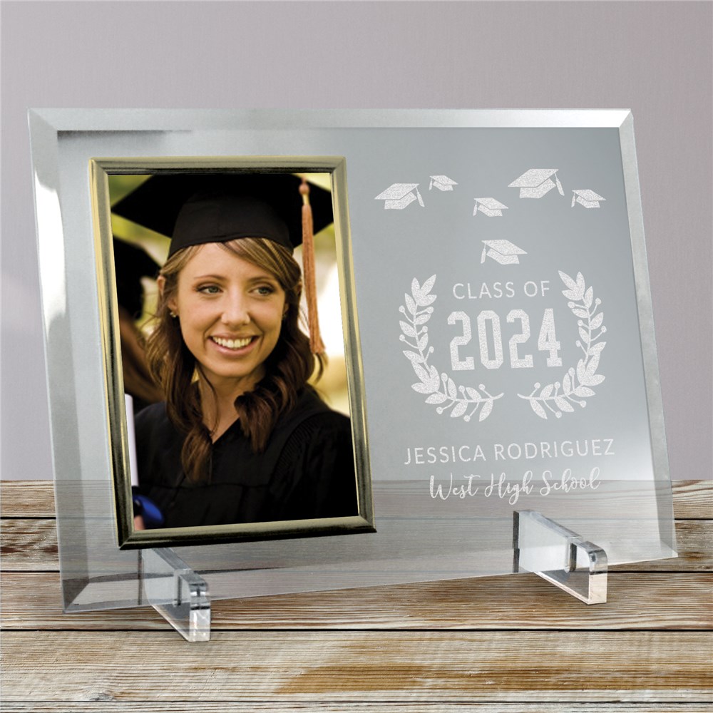Engraved Class Of with Hats & Floral Glass Frame | GiftsForYouNow