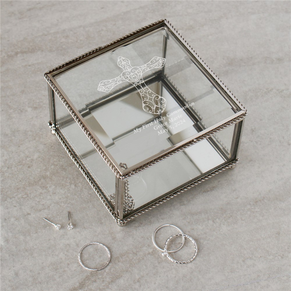 Glass Jewelry Box with Cross and Custom Message | GiftsForYouNow
