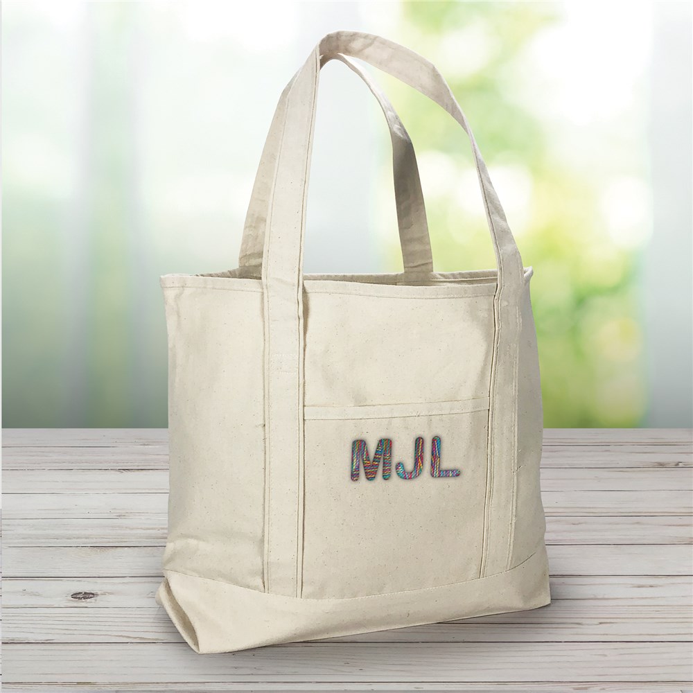 Embroidered Initials Canvas Tote Bag with Rainbow Thread