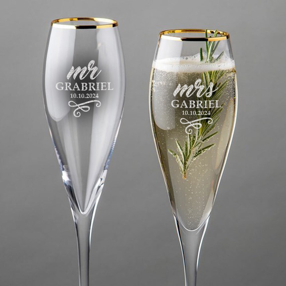Engraved Mr. And Mrs. Gold Rim Tulip Champagne Flutes