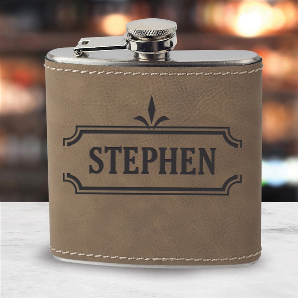Engraved Ornate Border With Name Leatherette Flask | GiftsForYouNow