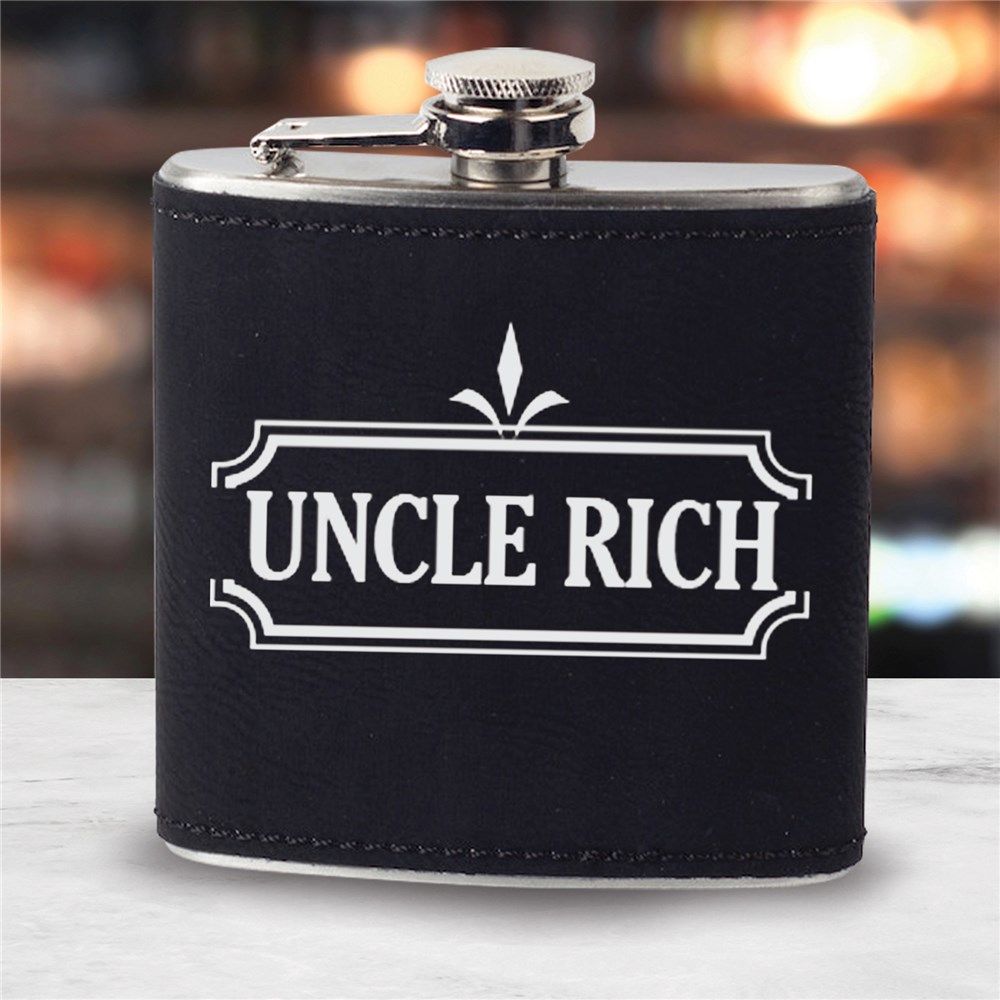 Engraved Ornate Border With Name Leatherette Flask | GiftsForYouNow