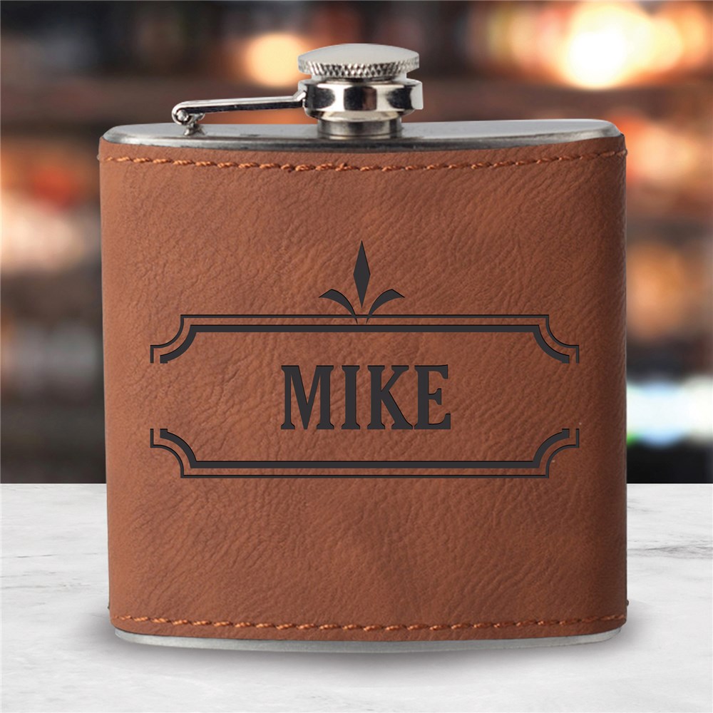 Engraved Ornate Border With Name Leatherette Flask | GiftsForYouNow