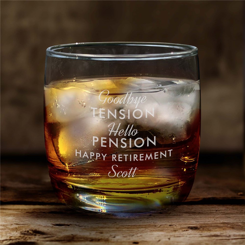 Goodbye Tension Hello Pension Custom Engraved Rocks Glass