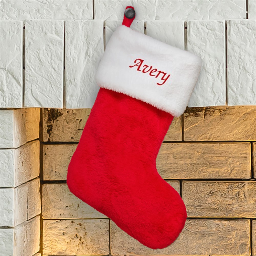 Embroidered Red Plush Christmas Stocking | GiftsForYouNow
