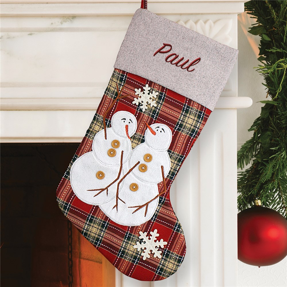 Snowman Plaid Embroidered Christmas Stocking | GiftsForYouNow