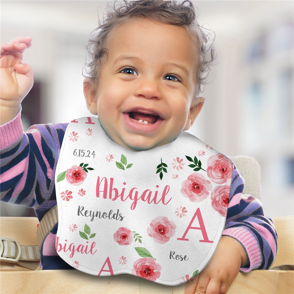 Pink Floral Baby Bib Personalized With Name | GiftsForYouNow