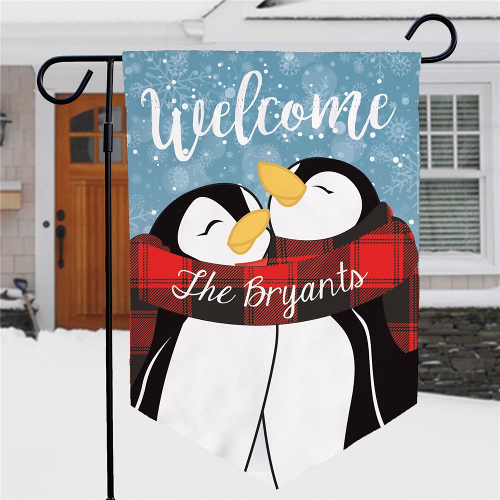 Personalized Welcome Hugging Penguin Couple Pennant Garden Flag
