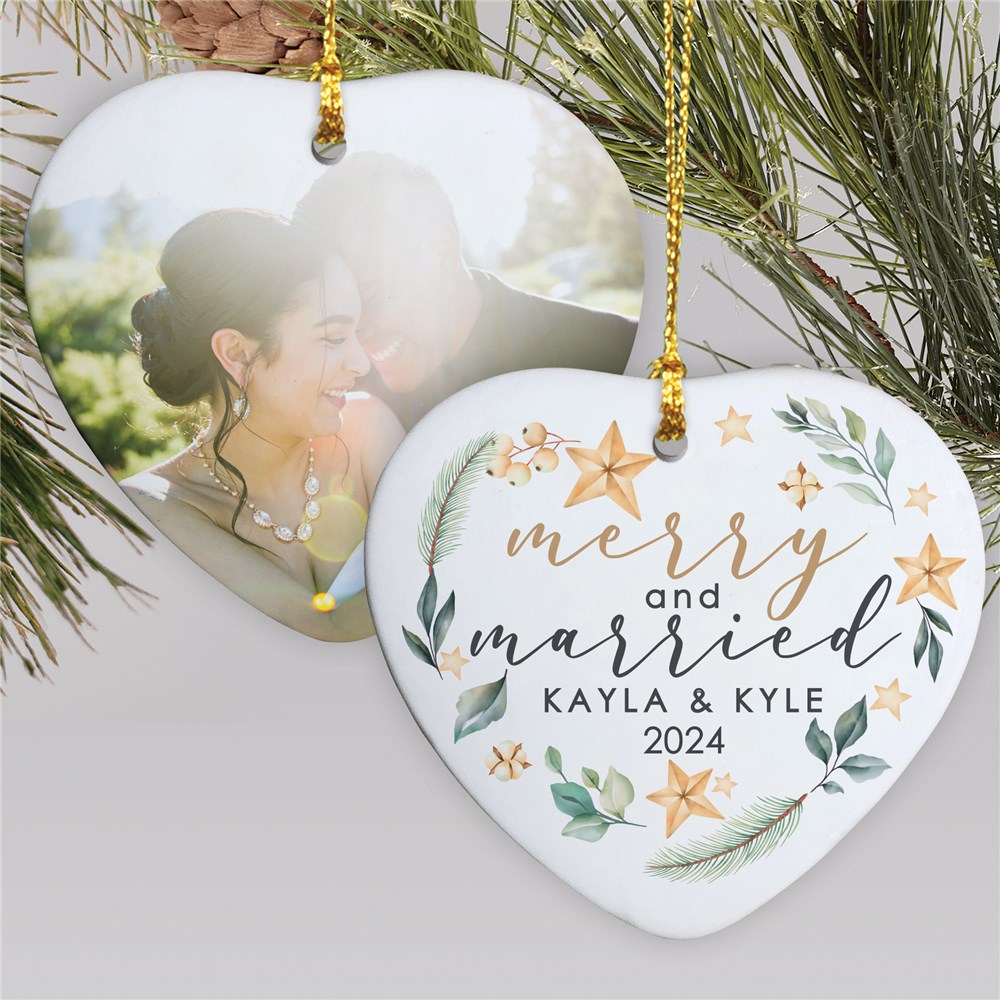 Merry & Married Heart Shaped Photo Ornament | GiftsForYouNow