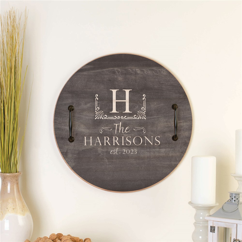 Personalized Round Tray With Family Name And Chalkboard Design
