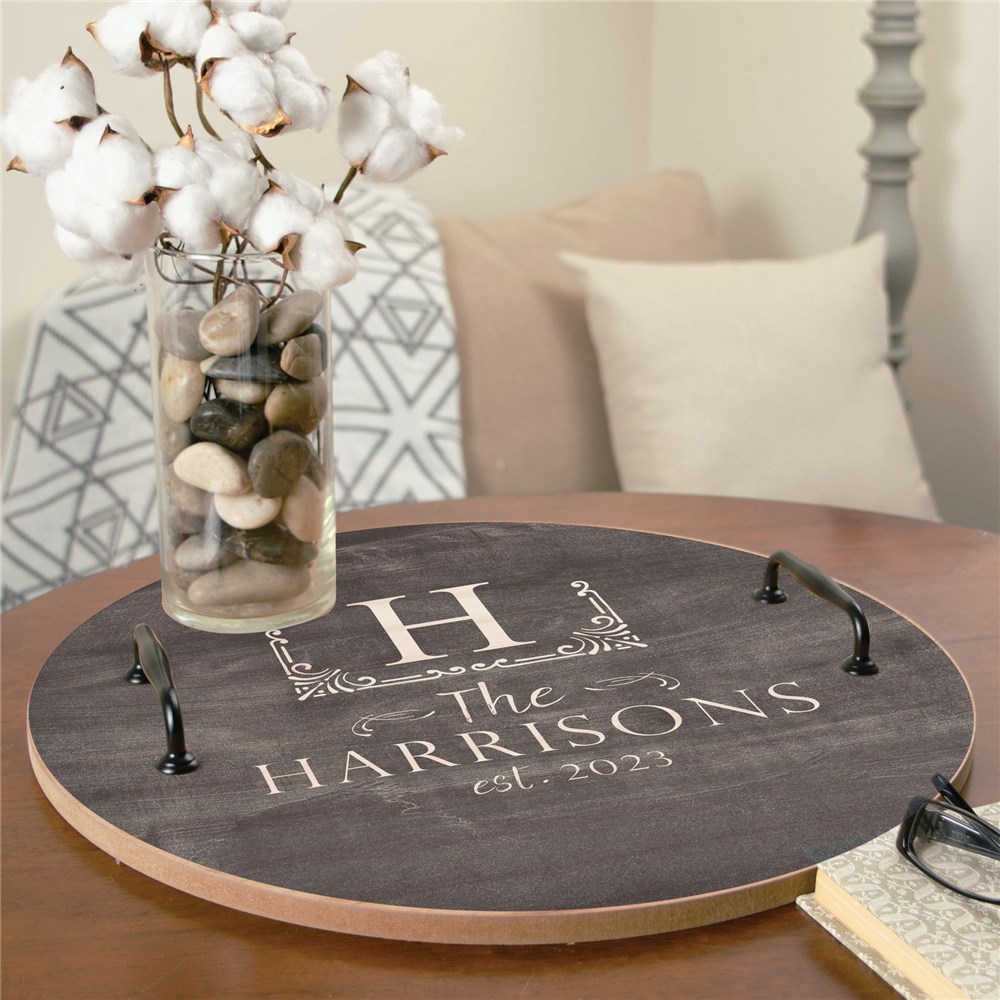 Personalized Round Tray With Family Name And Chalkboard Design