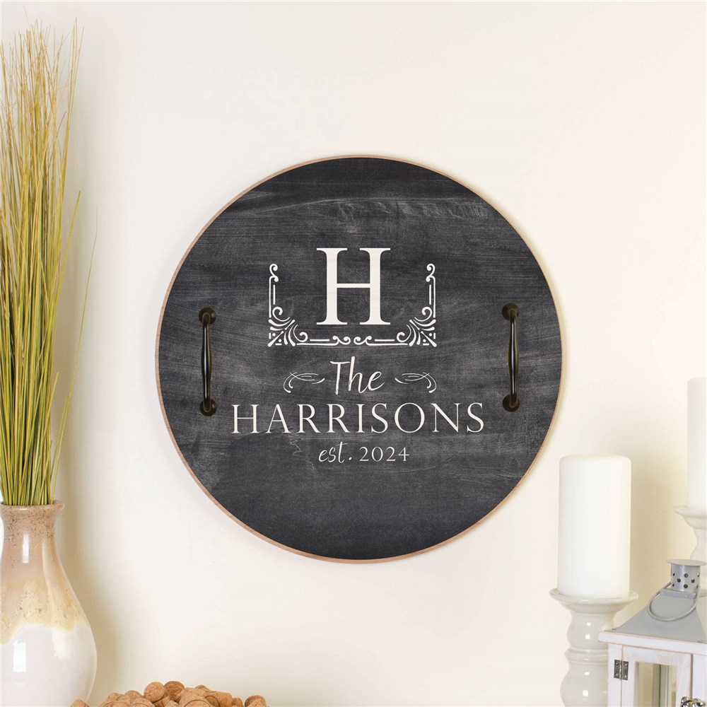 Personalized Round Tray With Family Name And Chalkboard Design