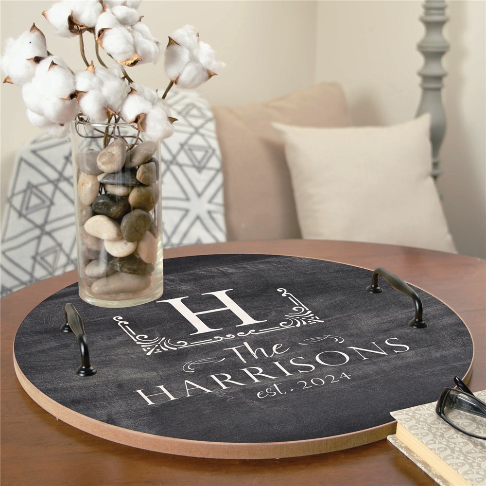Personalized Round Tray With Family Name And Chalkboard Design